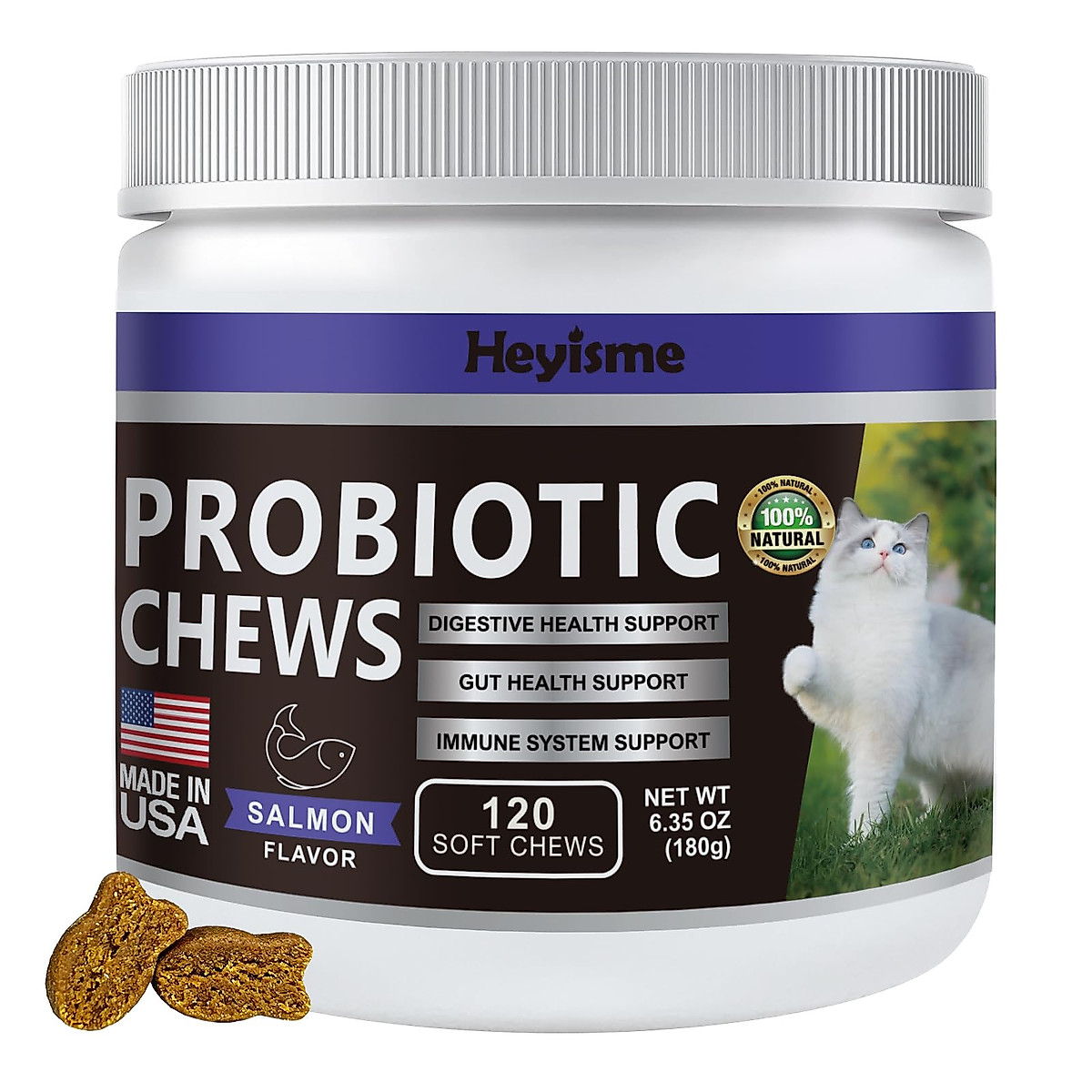 HEYISME Cat Probiotic, Chews for Gut and Immune Health, Cats Probiotic Supplement for Cat Digestive Support, Healthy Digestion, Cat Constipation and Diarrhea Relief (Salmon, 120 Chews)