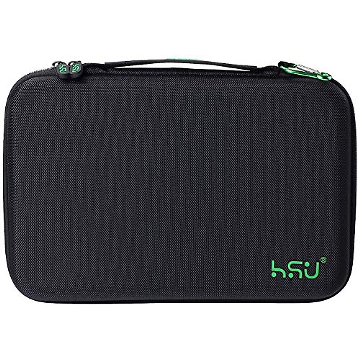 HSU Large Carrying Case for GoPro Hero(2018), Hero 11, 10, 9, 8, 7 Black,HERO6,5,4, LCD, Black, 3+, 3, 2 and Accessories with Carry Handle and Carabiner Loop - Portable and Shock(Green Logo)