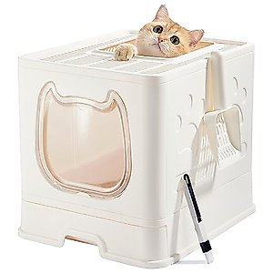 Vealind Cat Litter Box with Lid for Small and Medium Cats, Top Entry Kitten Litter Potty for Growing Cats, Drawer Type with Front Door Kitty Litter Tray (White)