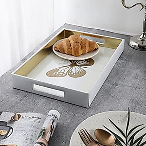 Zvasti Faux Leather Butterfly Printed Tray. White Faux Leather Trays for Coffee Table. Rectangle Tray with Handles