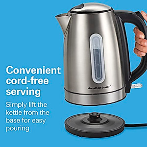 Hamilton Beach Electric Tea Kettle, Water Boiler & Heater, 1.7 Liter, Cordless Serving, 1500 Watts for Fast Boiling, Auto-Shutoff and Boil-Dry Protection, Stainless Steel with LED Light Ring (41037)
