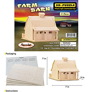 Puzzled 3D Puzzle Farm Barn Set Wood Craft Construction Model Kit, Fun & Educational DIY Wooden Toy Assemble Model Unfinished Crafting Hobby Puzzle to Build and Paint for Decoration 21 Pieces Pack