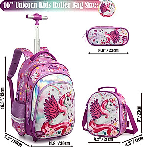 Egchescebo Kids Rolling Unicorn Backpack for Girls Kids Luggage Kids Suitcase With Wheels Trolley Wheeled Backpacks for Girls Travel Bags 17” 3PCS Backpack With Lunch Box Red School Bags Purple
