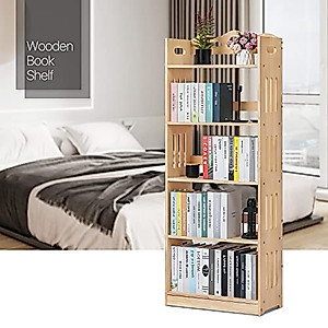 MoNiBloom 5 Tier Bookcase with Open Shelves, Solid Wood Storage Organizer Book Shelf Cabinet Display Organizer for Kids Room Living Room Bedroom, Natural