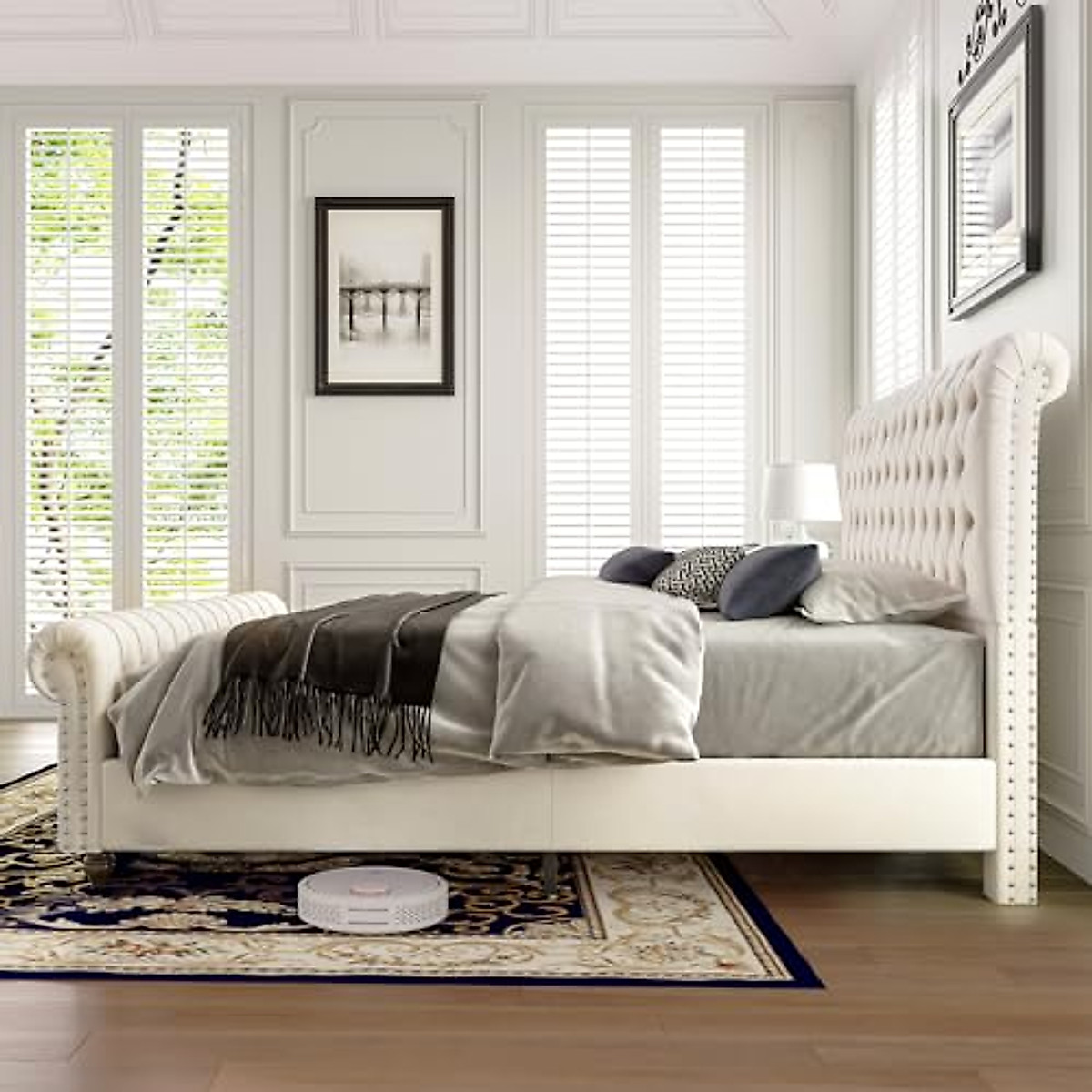 Jocisland Queen Size Bed Frame, Velvet Upholstered Platform Sleigh Bed with Scroll Headboard & Footboard, Button Tufted, No Box Spring Needed, Beige