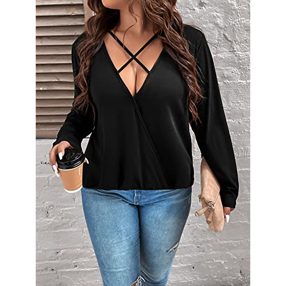 WDIRARA Women's Plus Size Criss Cross Wrap Deep V Neck Long Sleeve Tee T Shirt Black 2XL