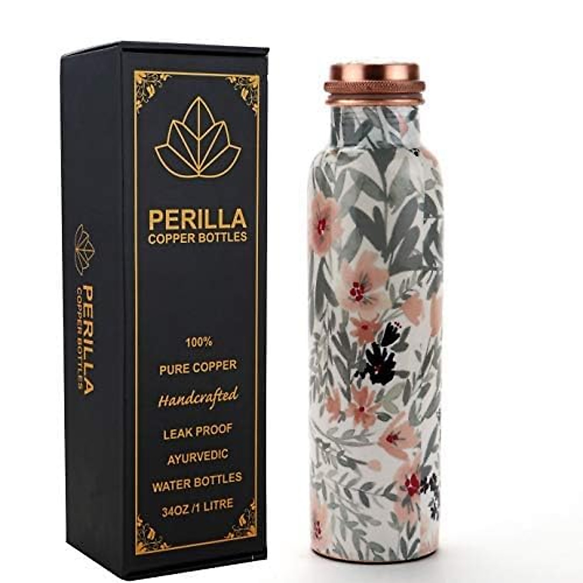 Perilla Home Pure Copper Water Bottle 34 Oz Leak Proof 100% Pure - Ayurvedic Copper Vessel - Drink More Water And Enjoy The Health Benefits Immediately - For Daily use Gym, Yoga Bottle (Printed 1)