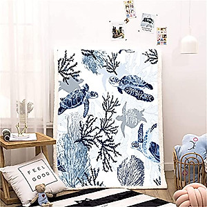 LINGXUQK Sea Turtle Fleece Throw Blanket Underwater World Sea Turtle Sea Grass Natural Watercolor Style Plush Sherpa Blanket Cozy Fluffy Blanket Sea Turtle Gifts…