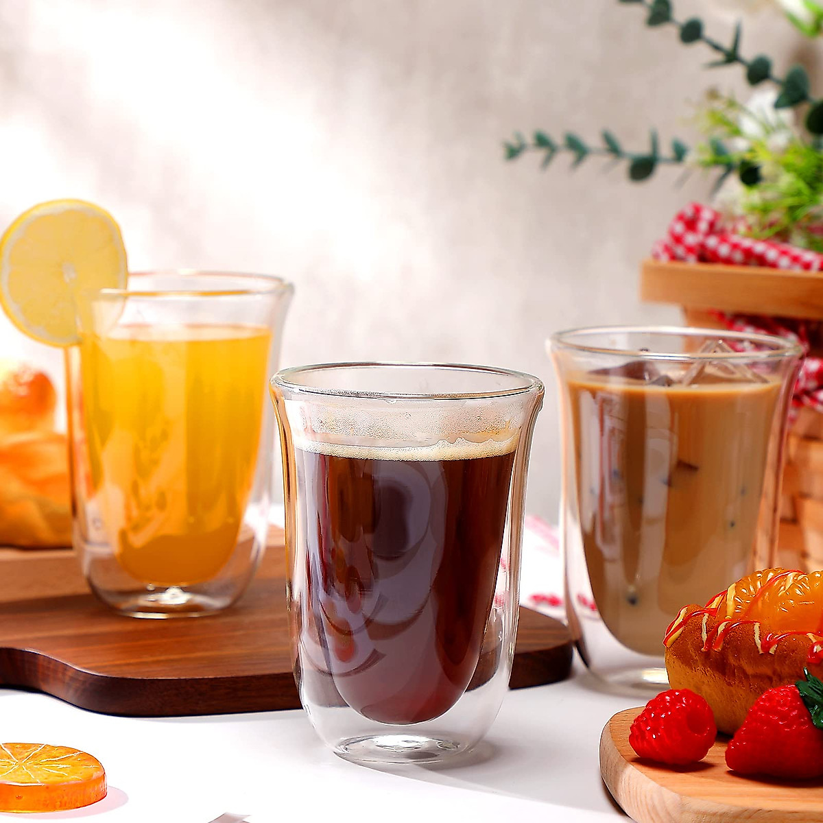 8 Pack 10 oz Double Walled Coffee Mugs Glass Espresso Cups without Handle Clear Thermo Insulated Demitasse Cups for Cappuccino Tea Latte Beverages