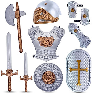 Medieval Knight in Shining Armor, Kids Crusader Pretend Role Play Plastic Costume Dress Up Cosplay with Toy Swords, Axe, Shield, Weapons & Accessories Playset