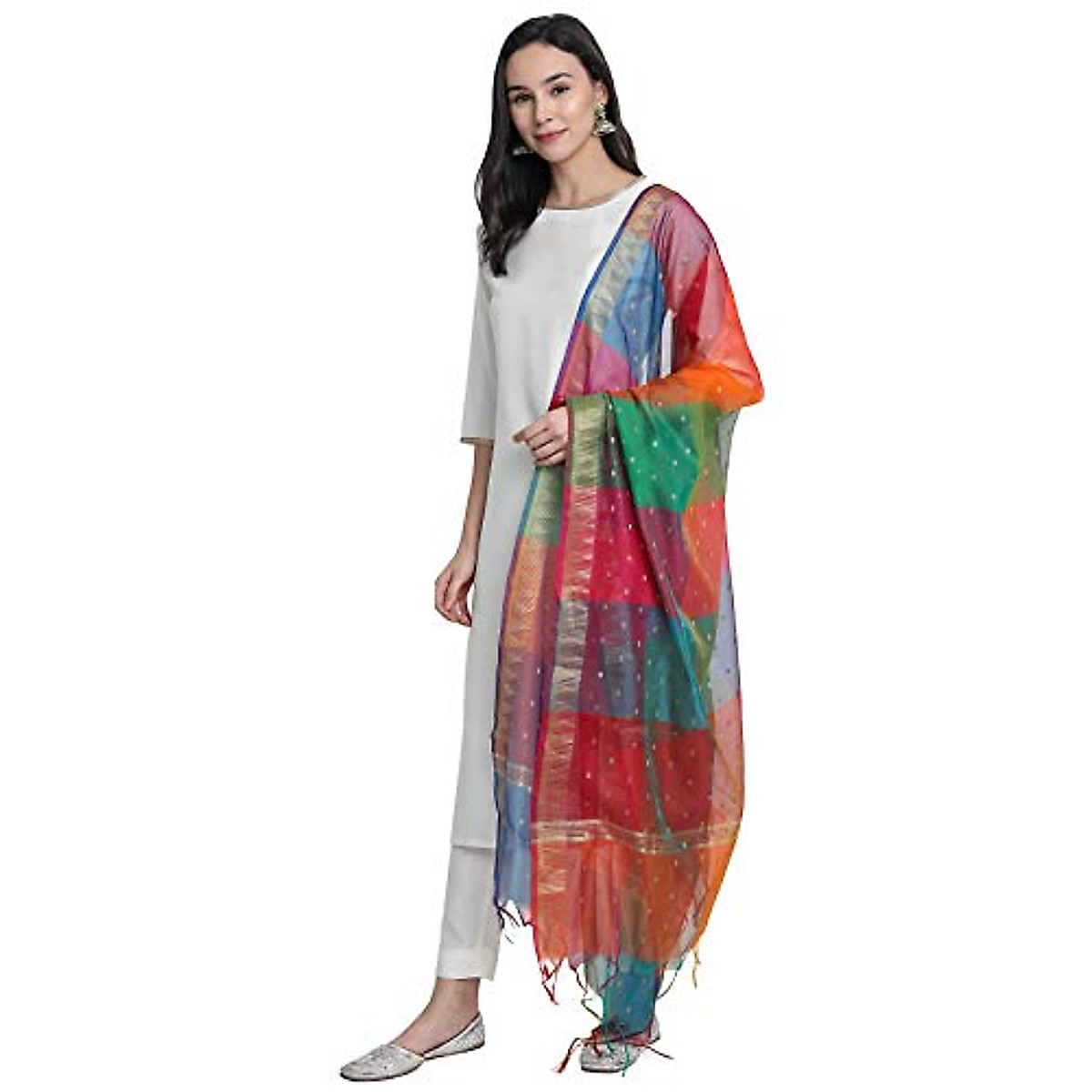 Janasya Indian Women's Off-White Poly Silk Kurta With Pant And Dupatta(SET268-KR-NP-L)
