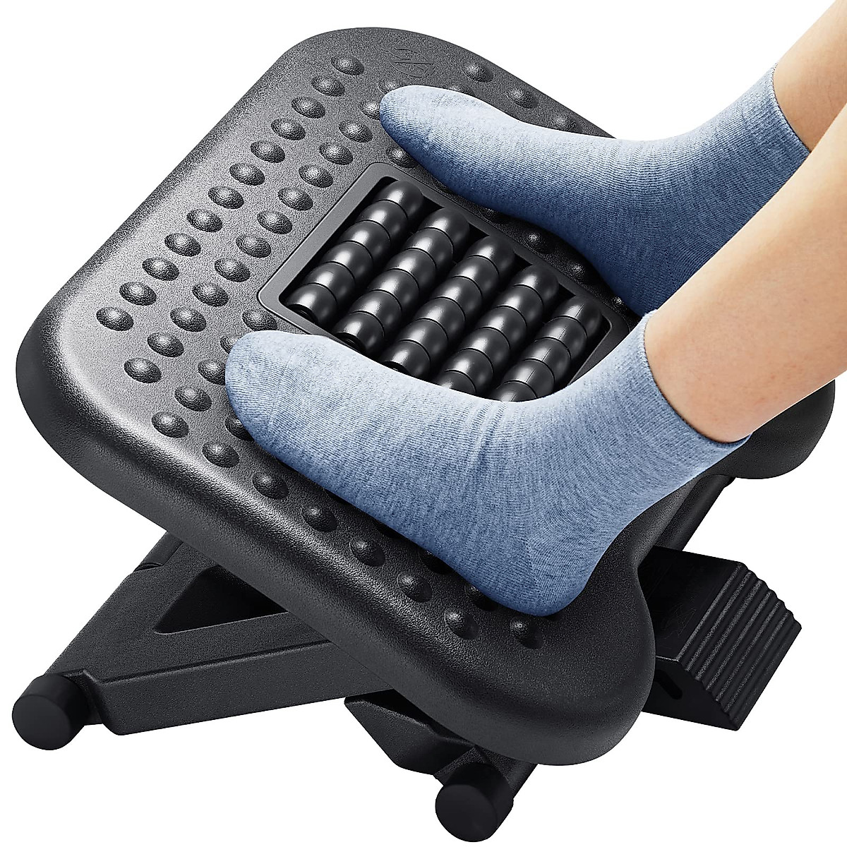 HUANUO Footrest Under Desk - Adjustable Foot Rest with Massage Texture and Roller, Ergonomic Foot Rest with 3 Height Position, 30 Degree Tilt Angle Adjustment for Home, Office