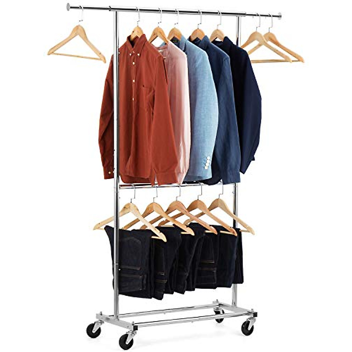 Auledio Expandable Double Rod Clothing Garment Racks On Wheels, Heavy Duty Hanging Clothes Organizer Stand Adjustable Rolling Rack, Chrome