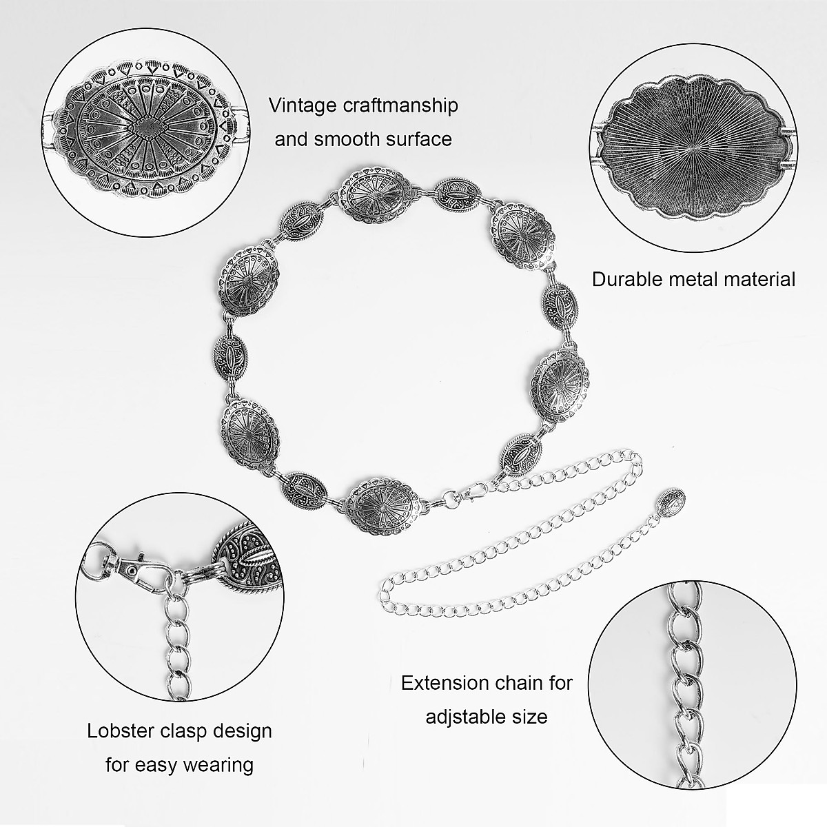 Jmkcoz Women Western Concho Chain Belt Silver Metal Oval Waist Chain Belt for Dresses Jeans Country Cowgirl