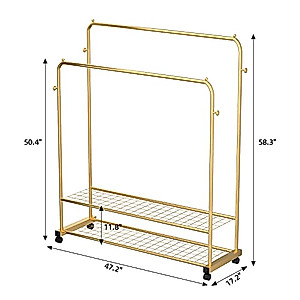 Thick forest Double Layer Clothes Rack Clothes Rack with Wheels Clothing Rack Rolling Rack Metal Rolling Garment Rack with Double-Tier Shelves, Clothes Storage and Organizer (Gold)…