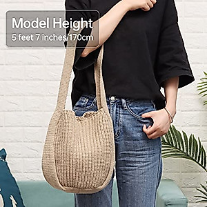Ovida Crochet Tote Bag Knitted Shoulder Bag Cute Aesthetic Tote Handbag Large Shopping Bag Hand Woven Hobo Bag(02E Khaki)