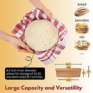 Mexican Terracotta Tortilla Warmer Thanksgiving, Authentic Terra Cotta Tortilla Holder w Warmer Cloth, Natural Clay Heater & Tortillero - Hold 8 inch Flour Tortillas, Warmer for Roti Bread Pancakes