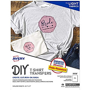 Avery Printable Heat Transfer Paper for Light Fabrics, 8.5" x 11", Inkjet Printer, 18 Iron On Transfers (8938)