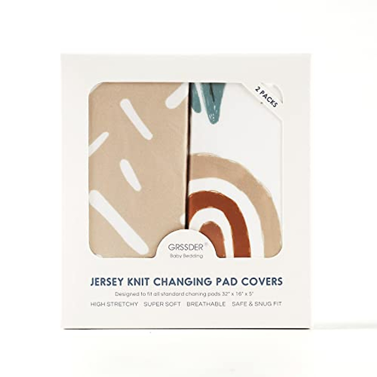 GRSSDER Stretch Ultra Soft Jersey Knit Changing Pad Cover Set 2 Pack,Change Table Pad Covers Fit 32"/34" x 16" Pads Safe and Snug,Stylish Cute Rainbow Print for Baby