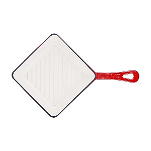 Lava Enameled Cast Iron Mini Ceramic Grill Pan - 8 inch Square, Small Cast Iron Skillet with White Ceramic Enamel Coated Interior, Baby Collection (Red)