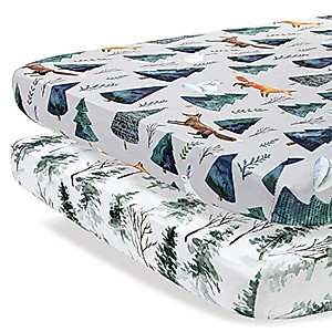 Pobi Baby - 2 Pack Premium Pack N Play Sheets Fitted for Standard Pack and Plays and Mini Cribs - Ultra-Soft Cotton Blend, Stylish Animal Woodland Pattern, Safe and Snug for Baby