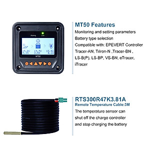 EPEVER MPPT Charge Controller 30A Max PV 100V Input 12V/24V Auto, Negative Grounded with MT50 & Temperature Sensor, Work for Lead-Acid Sealed/Gel(AGM)/Flooded and Lithium Battery(30A+MT50+RTS)