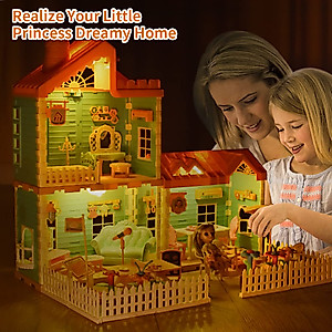 RASSR Doll House Kit 4-5 Year Old with Dollhouse Furniture & Accessories, Toddler Girls Princess Doll House 2-3 Year Old with Lights, Chimney and Garden Building Toys, DIY Pretend Dollhouse Playset