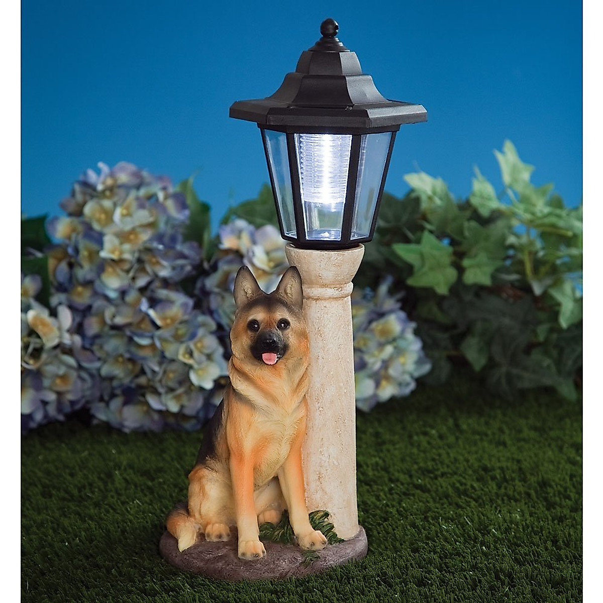 Bits and Pieces-Solar Shepherd Lantern-Solar Powered Garden Lantern - Resin Dog Sculpture with LED Light