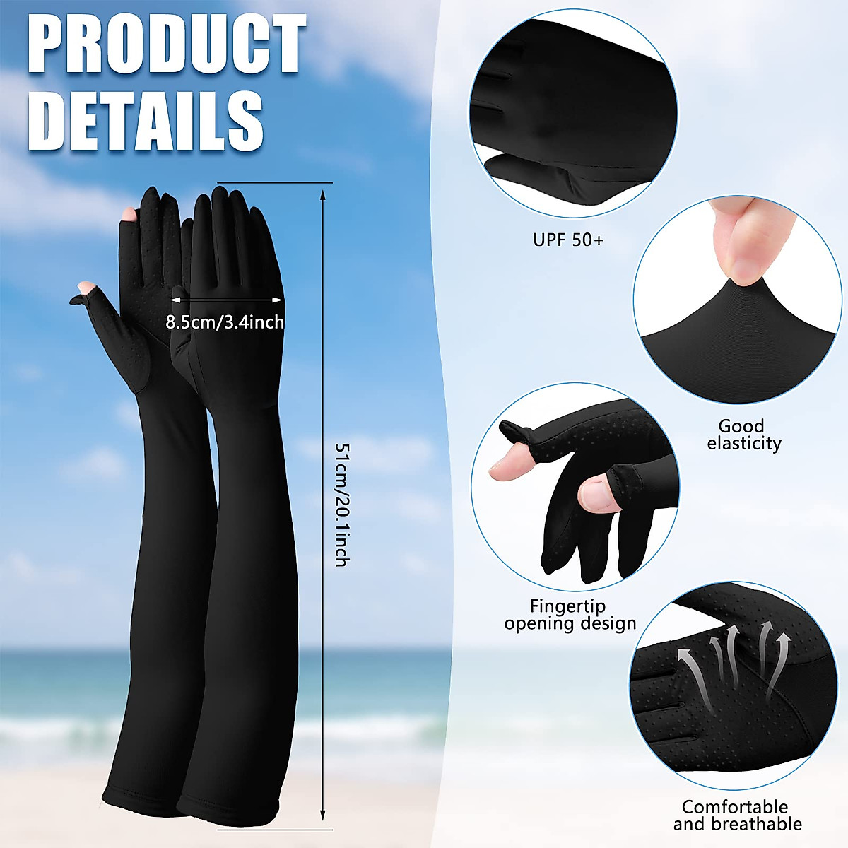 Jecery 2 Pairs UV Long Sun Gloves Women's Sunblock Driving Gloves Non Slip Full Finger Arm Sun Protective for Outdoor Sports (Black, White)