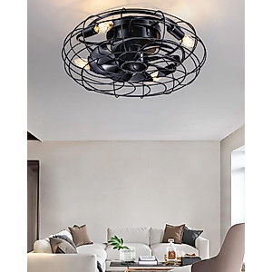 Glitnous 18'' Small Caged Flush Mount Ceiling Fans with Lights and Remote, Black Low Profile Rustic Farmhouse Modern Lighting & Ceiling Fan, Bladeless 6 Speed Timing for Bedroom Kitchen Dining Room