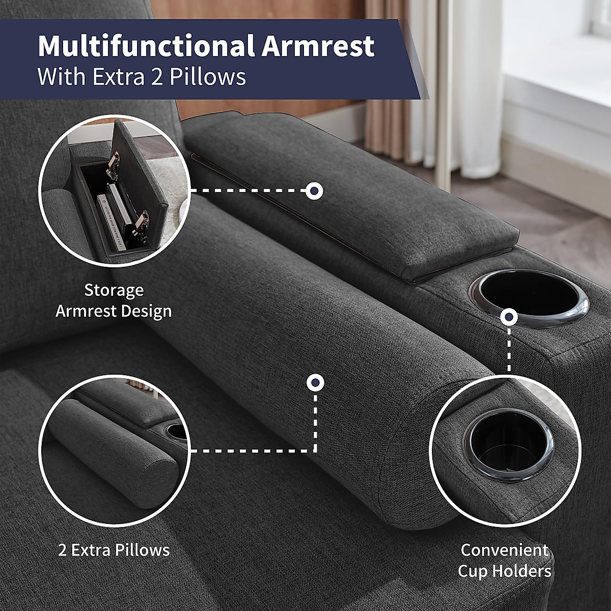 ijuicy U-Shaped Convertible Sectional Sofa Couch,115" Linen Fabric Modular Sofa Set/6 Seater Sofa with Movable Storage Ottomans,Storage Armrest,Pillows and Cup Holders for Living Room(Dark Grey)