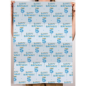 CENTRAL 23 Blue Wrapping Paper for Boys - Age Five - 6 Sheets Birthday Gift Wrap - Happy 5th Birthday Wrapping Paper - Comes With Stickers - Recyclable