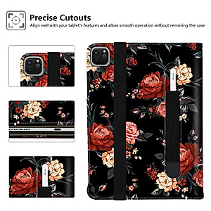 Hepix iPad Pro 12.9 Case 2022 2021 2020 2018 Rose Flower iPad 6th 5th 4th 3rd Gen with Pencil Holder, Black Floral Multi-Angle Stand Pocket Protective Leather Cover Auto Sleep Wake