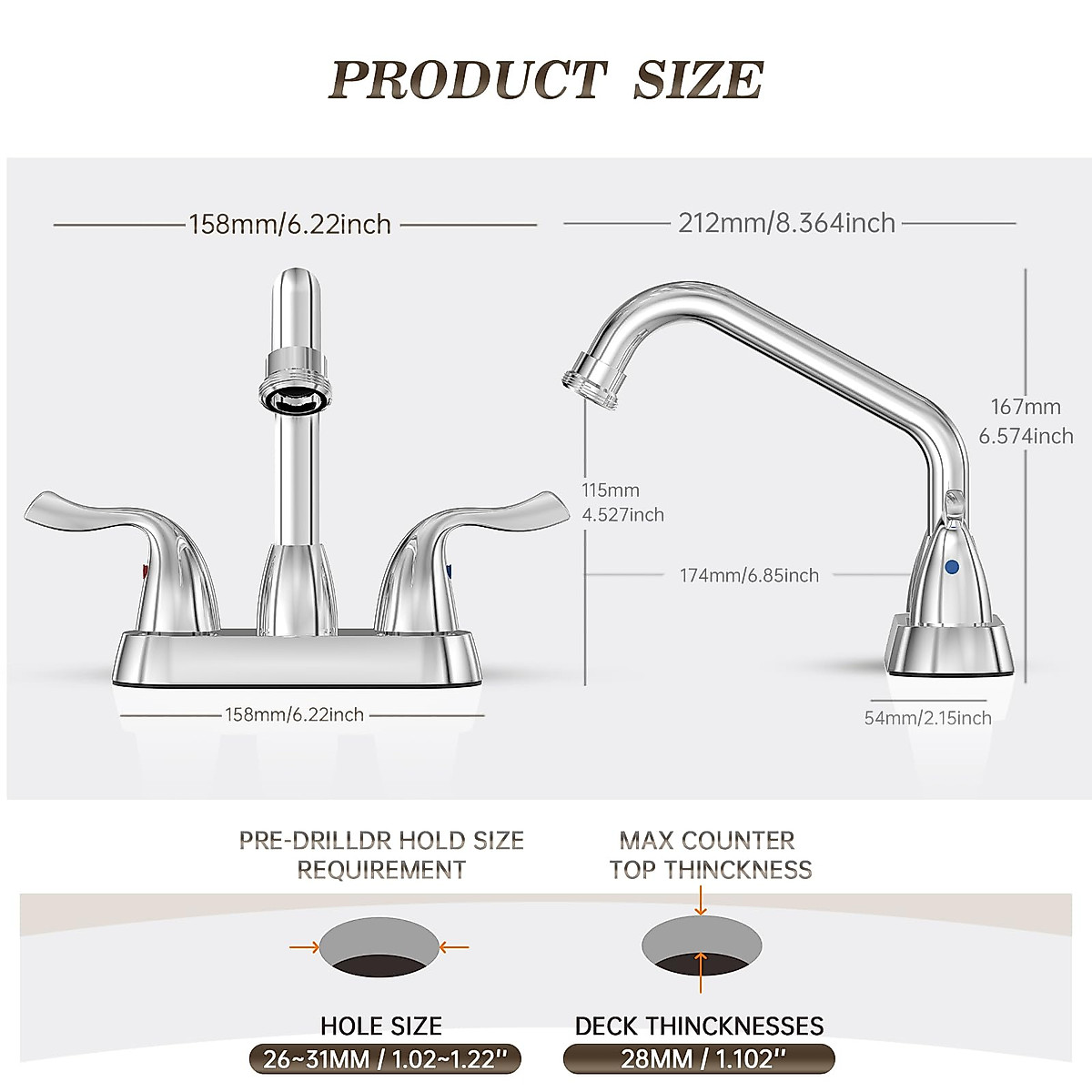 Phiestina Centerset 4-Inch 2 or 3 Hole Chrome Utility Sink/Laundry Faucet, with Rotatable Swivel 360° Spout and Threaded End, with Water Supply Line, BF025-7-C