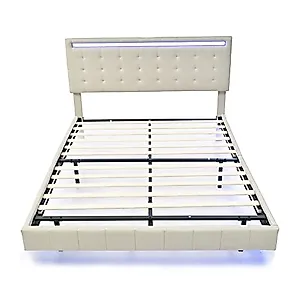 CJLMN Upholstered Floating Bed, Queen Size Wooden Platform Bed Frame, Upholstered Floating LED Bed with LED Lights and USB Charging, Kids Adults Bedroom Furniture (Beige LED Floating Bed)