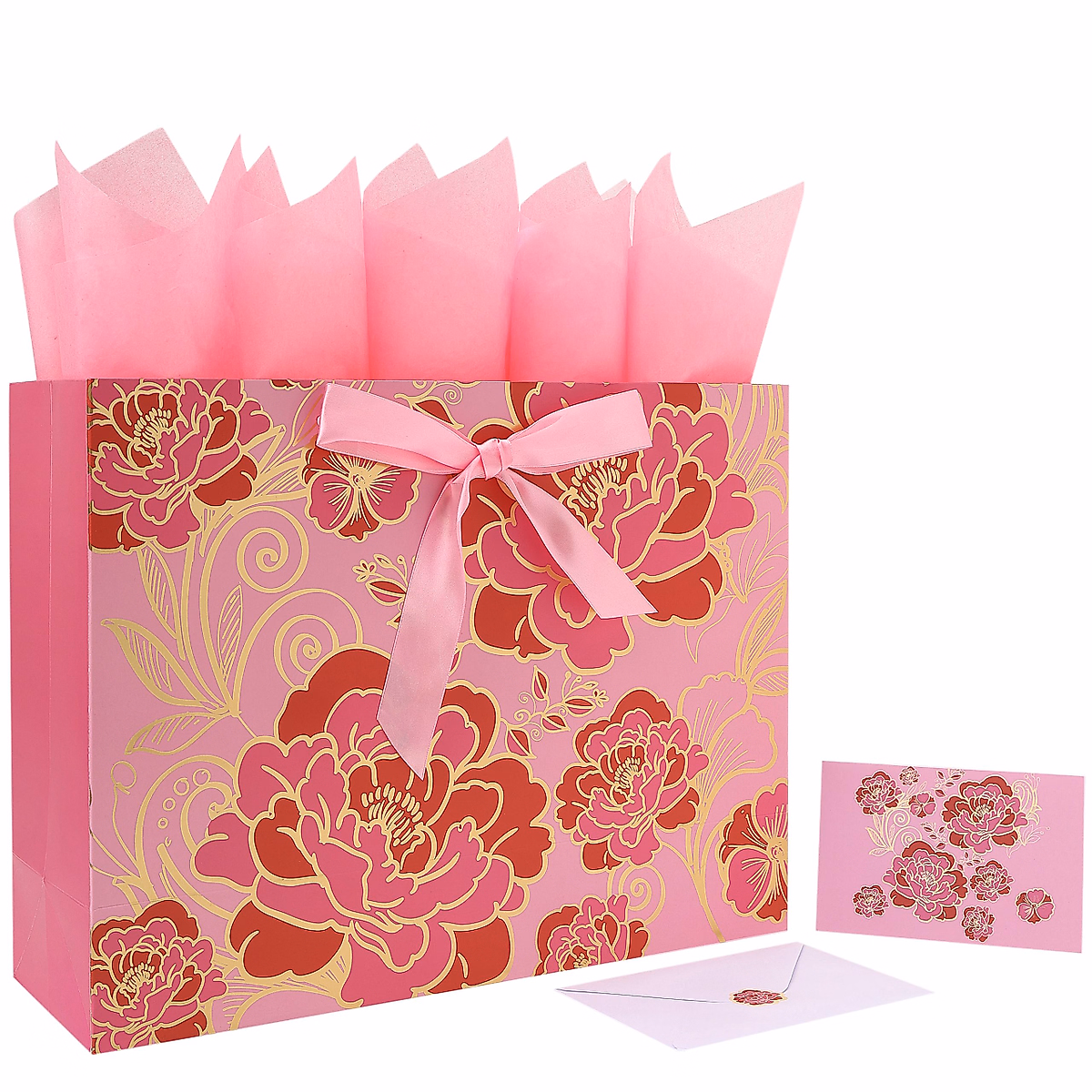 16.5" Extra Large Rose Pink Gift Bag Set with Greeting Card and Tissue Paper(Foil Traced Flowers) for Celebrating Birthdays, Mother's Day, Weddings, Anniversary, Valentine's Day - 16.5”x5.5”x12.6”, 1 Pcs.