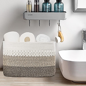 AROPEME Storage Basket for Shelves, 15"x10"x9" Woven Basket with Handles for Organizing, Cotton Rope Basket for Storage, Baby Nursery Toy Bin, Medium Rectangle Blanket Basket, Brown