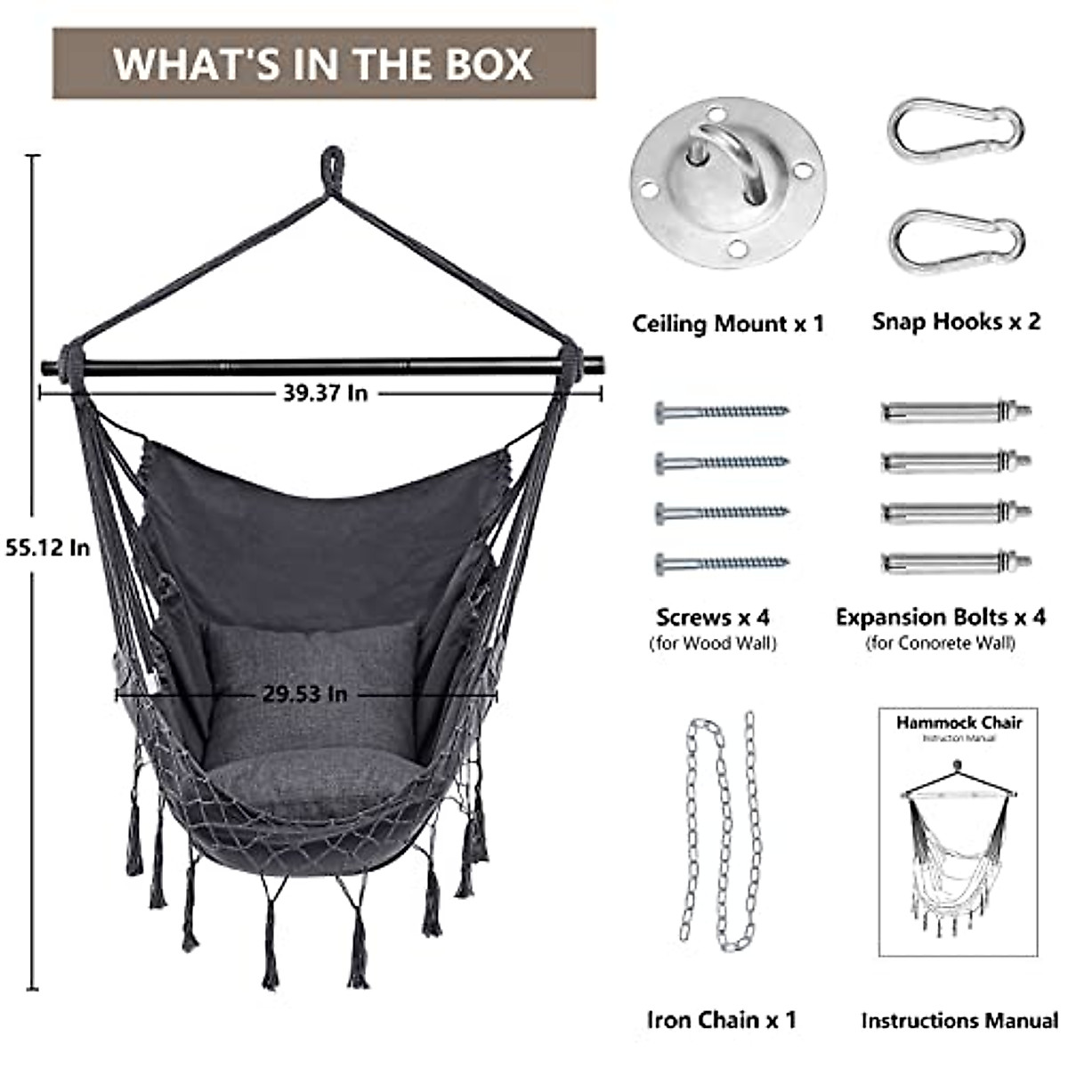 HBlife Hammock Chair, Max 330 Lbs, 2 Pillows Included, Dark Gray Hanging Chair with Pocket and Macrame, Swing Rope Chair for Bedroom, Backyard and Deck