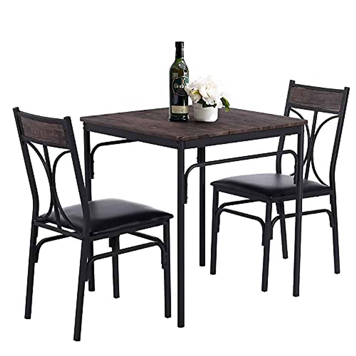 VECELO 3-Piece Dining Room Kitchen Table and Pu Cushion Chair Sets for Small Space, 2, Brown28 x 28 x 30 inches