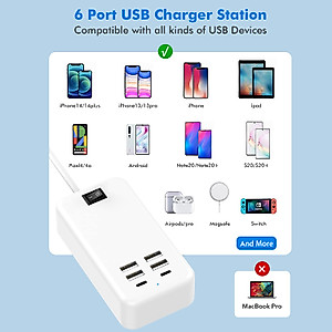 USB C Charger Station, 6 Ports USB Charging Station, Multi USB Charging Station Compatible with iPhone/Samsung/Tablet and Other Multiple Devices, Power Strip with ON/Off Switch