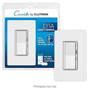 Lutron Diva Smart Dimmer Switch with Wallplate for Caséta Smart Lighting | No Neutral Wire Required | DVRFW-6L-WH-A | White 