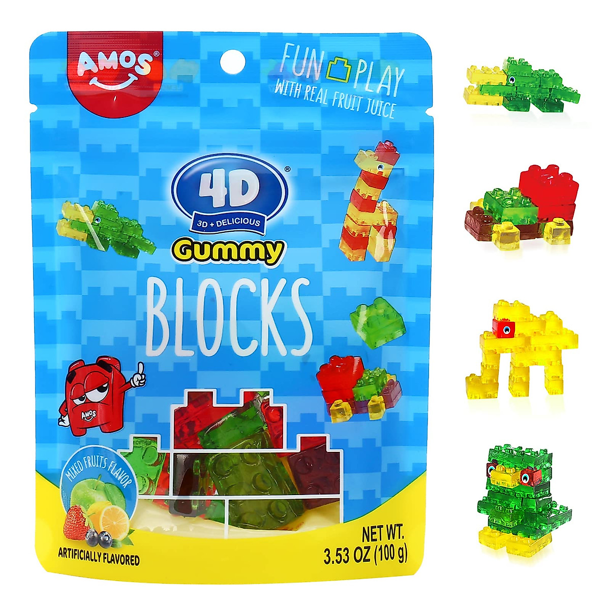 AMOS 4D Gummy Blocks Candy Bricks, Edible Building Block Gummies for Kid's Lego Theme Party, Funny Cupcake Topper Decoration, Resealable 3.53oz Bag (Pack of 3)