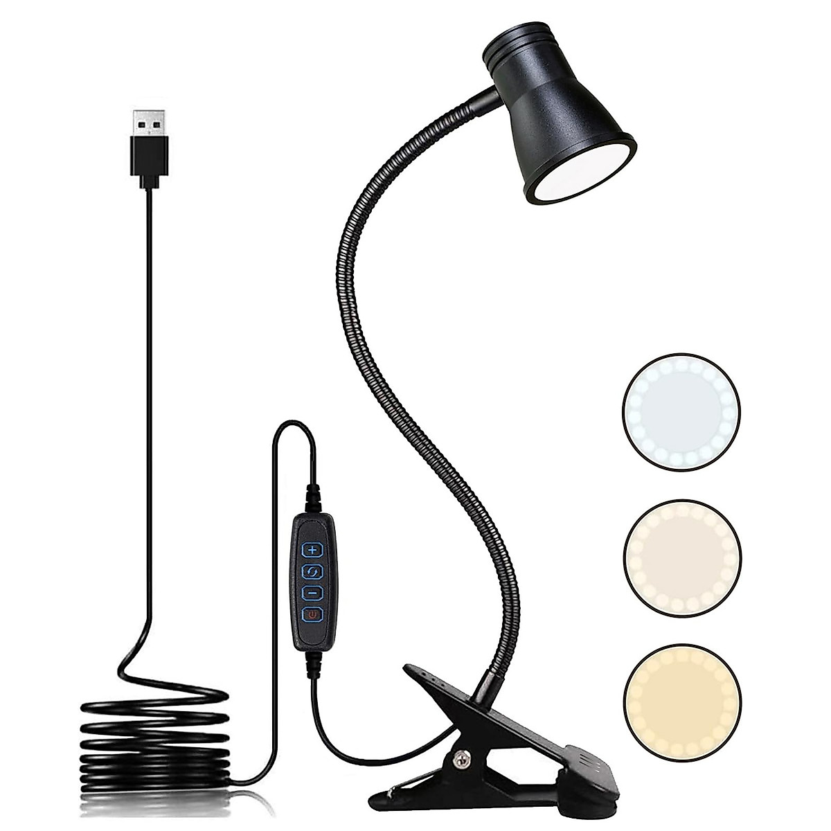 KNAMKY USB LED Desk Lamp Clip On Reading Light, 3 Light Mode 10 Dimmable Brightness Levels Book Light for Dorm Bed Headboard, Adjustable Flexible Neck Clamp Light, Perfect for Working Studying
