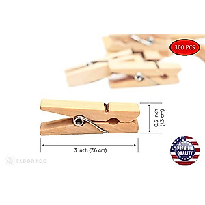 Eldorado Clothespins - 300 PCS. Standard Natural Wooden, Stain Proof, 3 inch, for Multipurpose Everyday Laundry, Clothes, Towels, Craft, Photos, Pictures, Decor, Baby Shower, Art Wall (300)