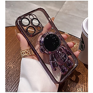 MANLENO Electroplated for iPhone 14 Pro Max Case for Women Girls Astronaut Hidden Stand Case with Camera Protection Foldable Astronaut Kickstand Phone Case Glitter Soft Protective Case (Deep Purple)