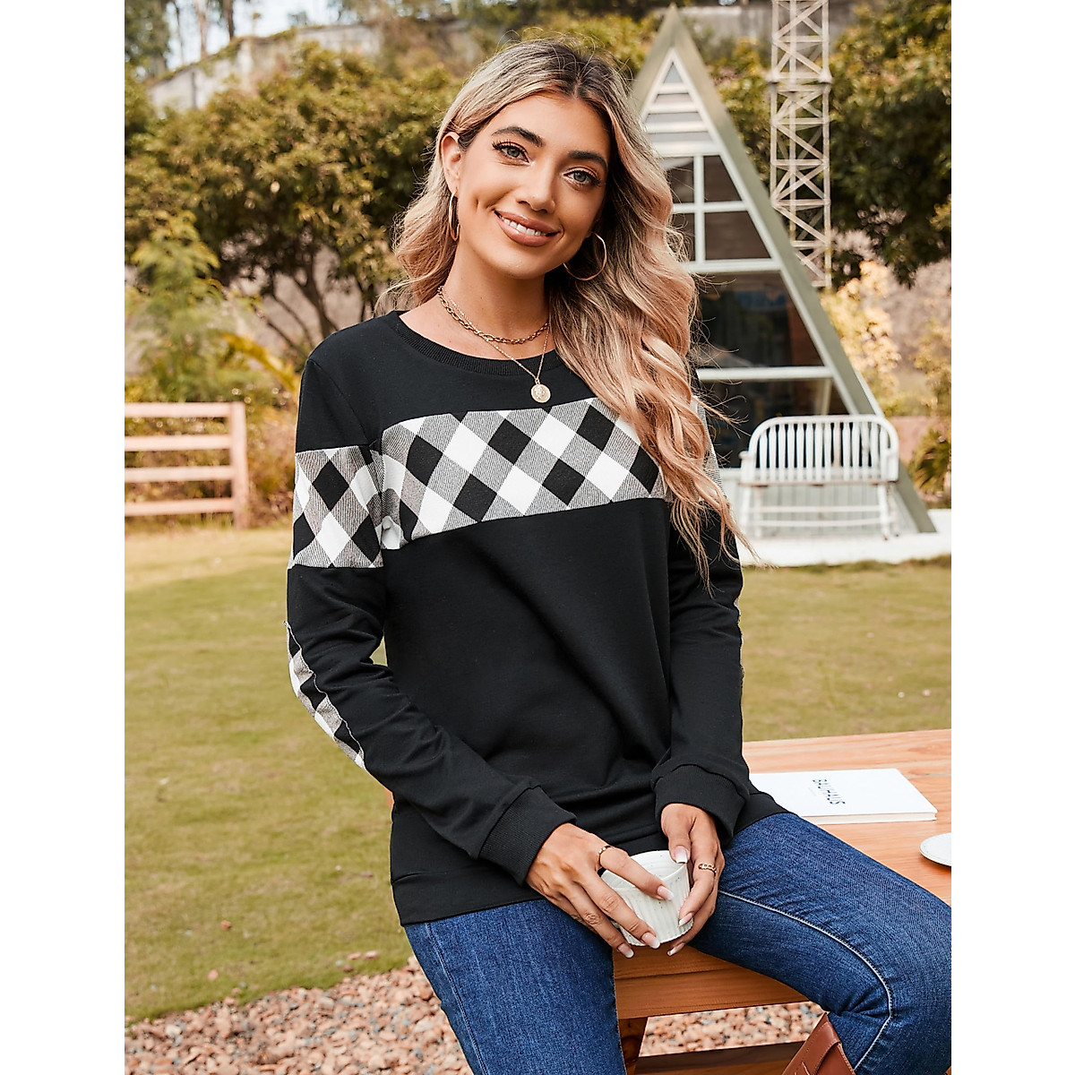 Blooming Jelly Women's Color Block Plaid Shirt Crewneck Sweatshirt Elbow Patches Pullover Sweatshirt Top (Large, Black White Plaid)