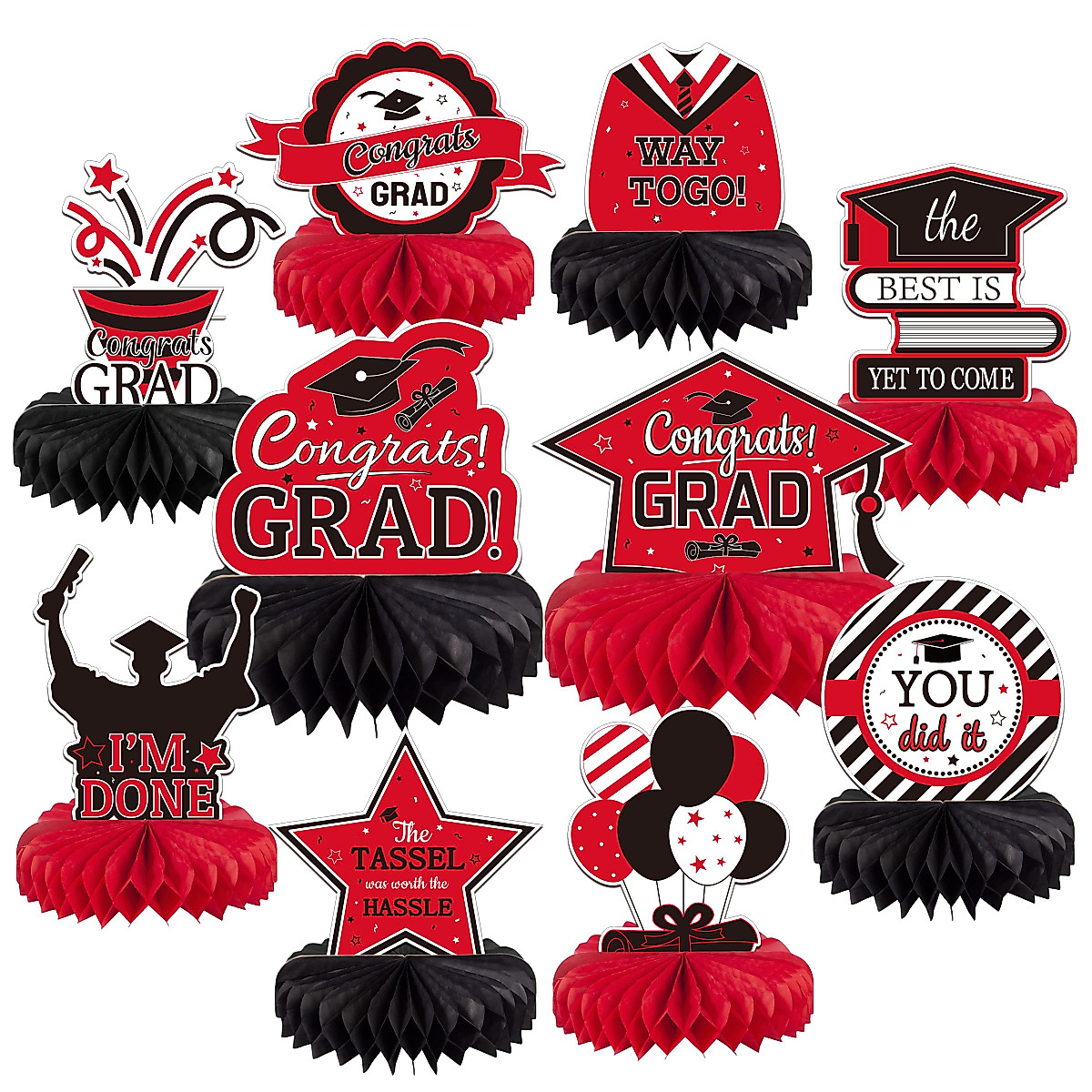 10PCS Graduation Decorations Class of 2025 Centerpieces, Congrats Grad Honeycomb Table Toppers for Graduation Party Favors, 2024 Graduation Party Decorations (10PCS, Red & Black)