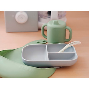 BEABA The Essentials Silicone Meal Set of 4, 100% Silicone Baby Plate Set - Dishwasher Safe, Soft, Unbreakable - Includes Siicone Plate, Sippy Cup, Bib and Spoon, Grey/Sage