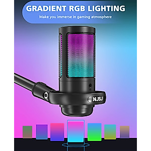 NJSJ USB Microphone for PC, Gaming Mic for PS4/ PS5/ Mac/Phone,Condenser Microphone with Touch Mute, RGB Lighting,Gain knob & Monitoring Jack for Streaming,Podcasting (with Desktop Stand, Black)