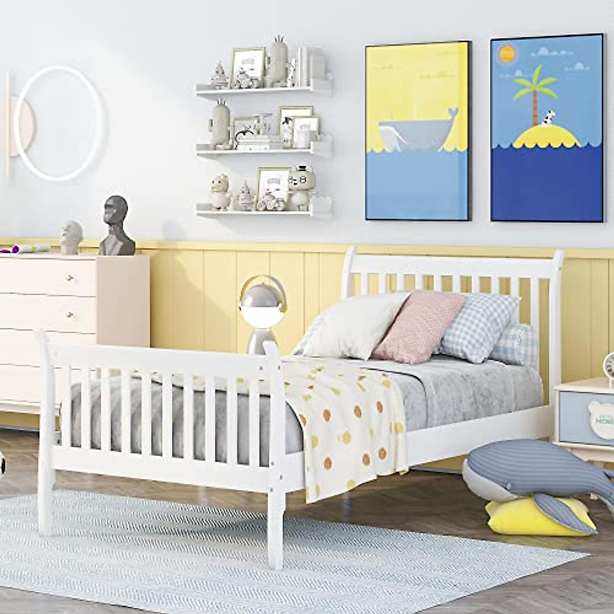 Merax Twin Bed Frames, Twin Platform Bed with Headboard and Footboard, Wood Twin Bed Frame with Slat Supports for Kids Girls Boys, No Box Spring Needed,White